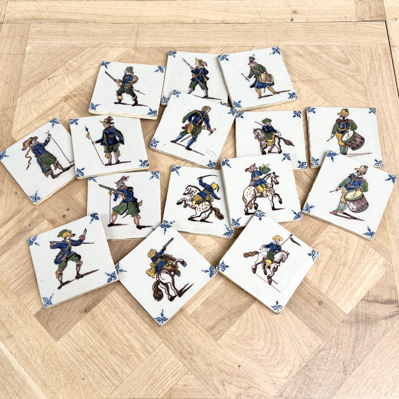 Set of Fifteen Antique Polychrome Delft Tiles - Adam Calvert Bentley