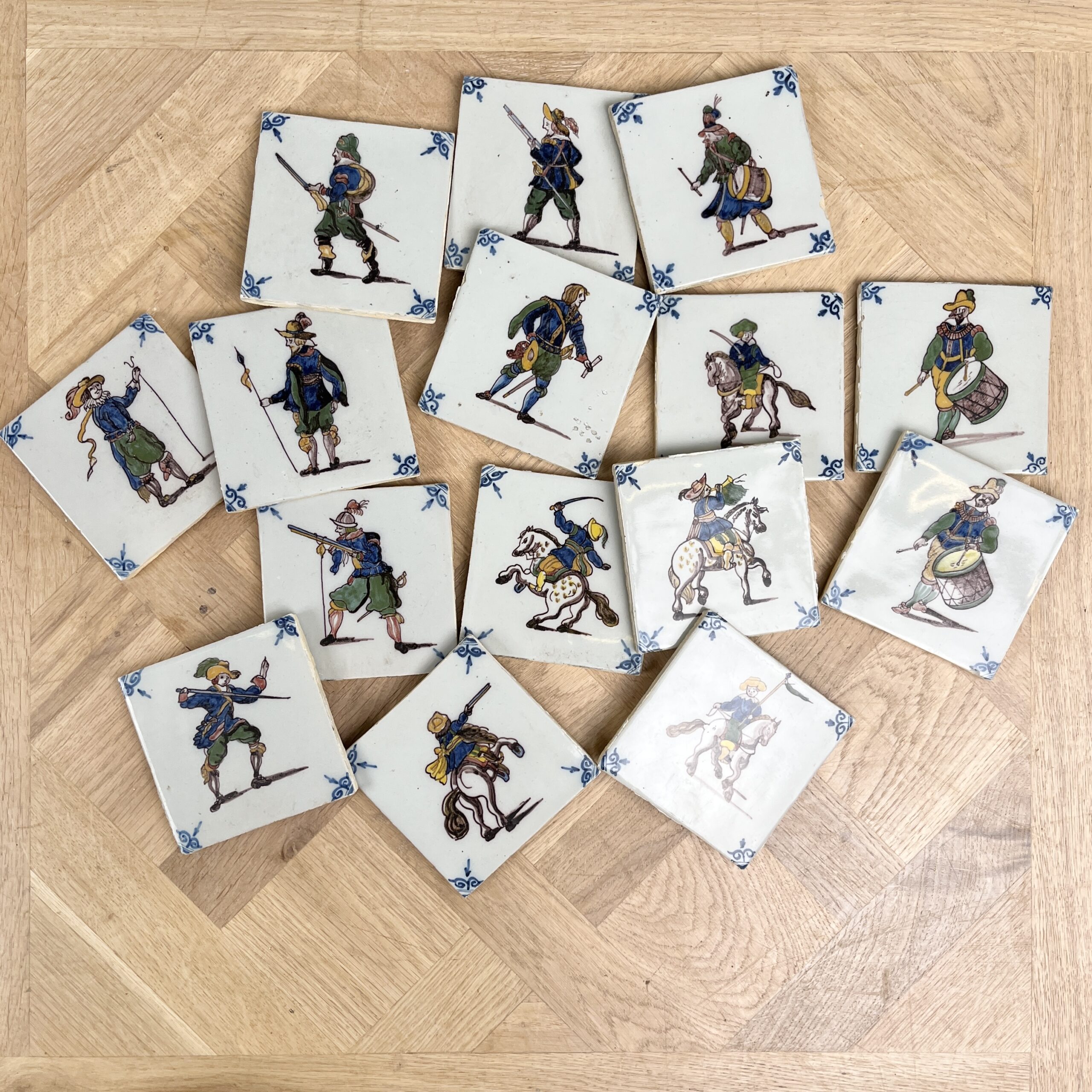 Set of Fifteen Antique Polychrome Delft Tiles - Adam Calvert Bentley