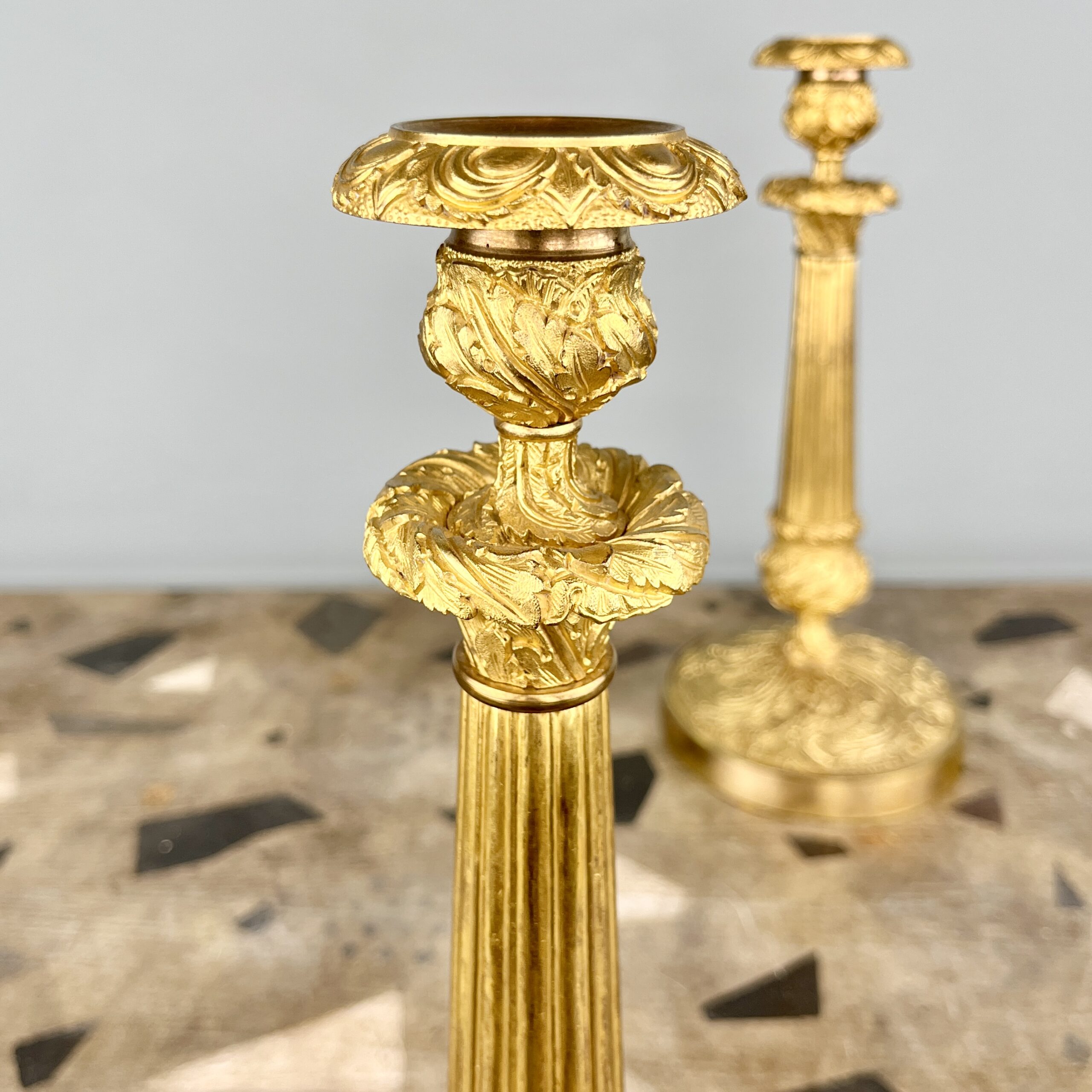 Pair of Antique Charles X Ormolu Candlesticks - Adam Calvert Bentley