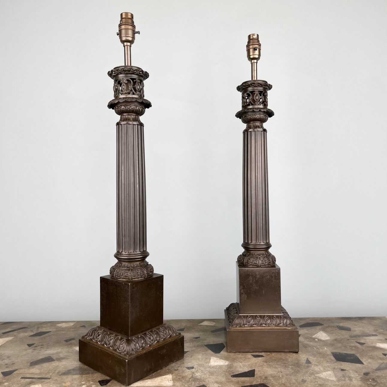 Pair of Antique Bronze Column Lamps - Adam Calvert Bentley