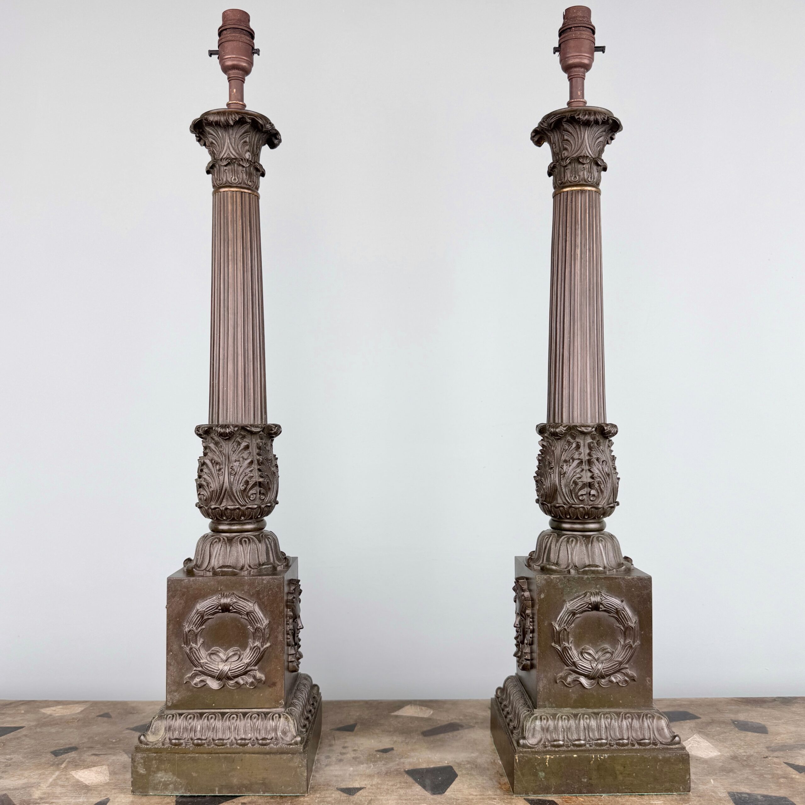 Pair of Large Antique Bronze Column Lamps - Adam Calvert Bentley