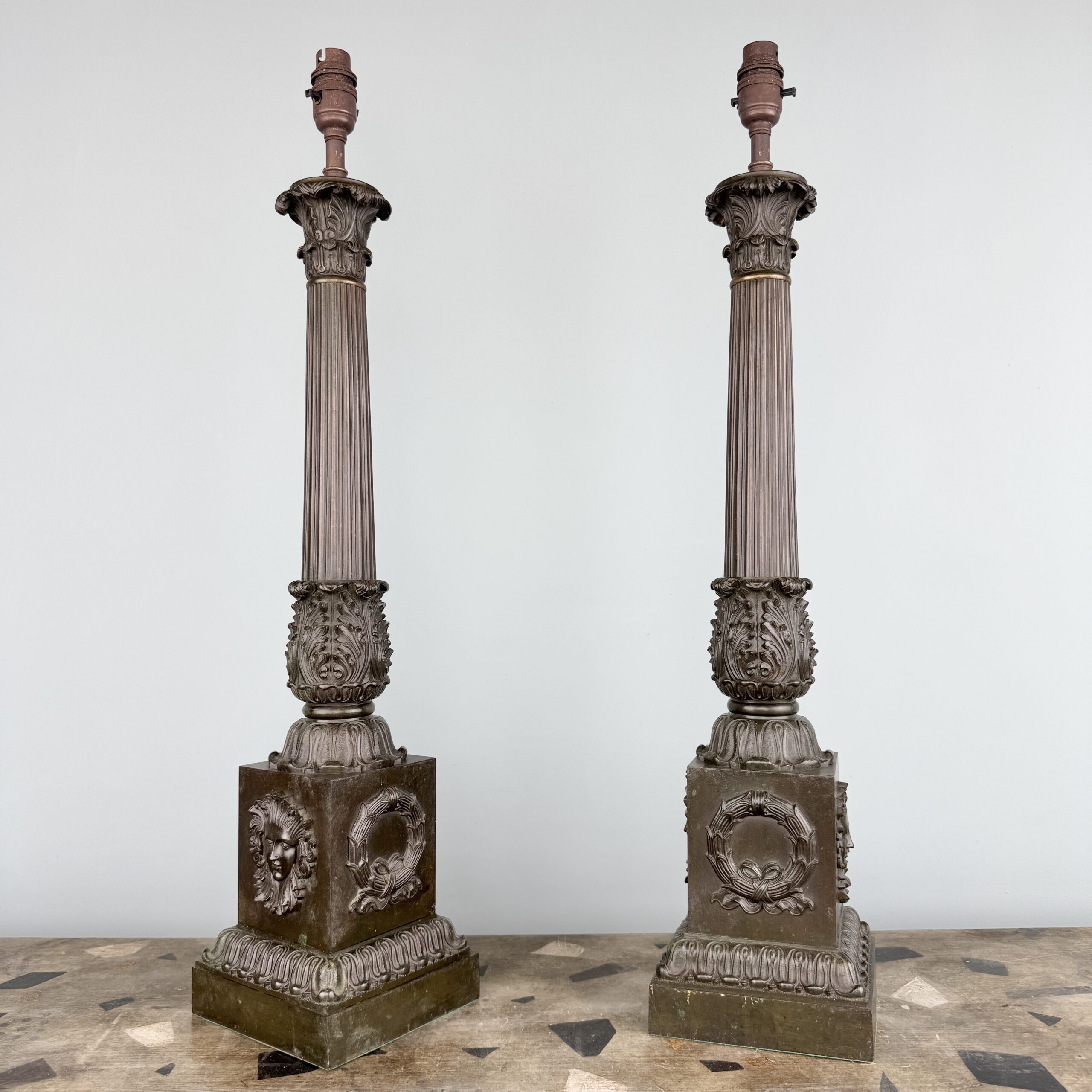 Pair of Large Antique Bronze Column Lamps - Adam Calvert Bentley