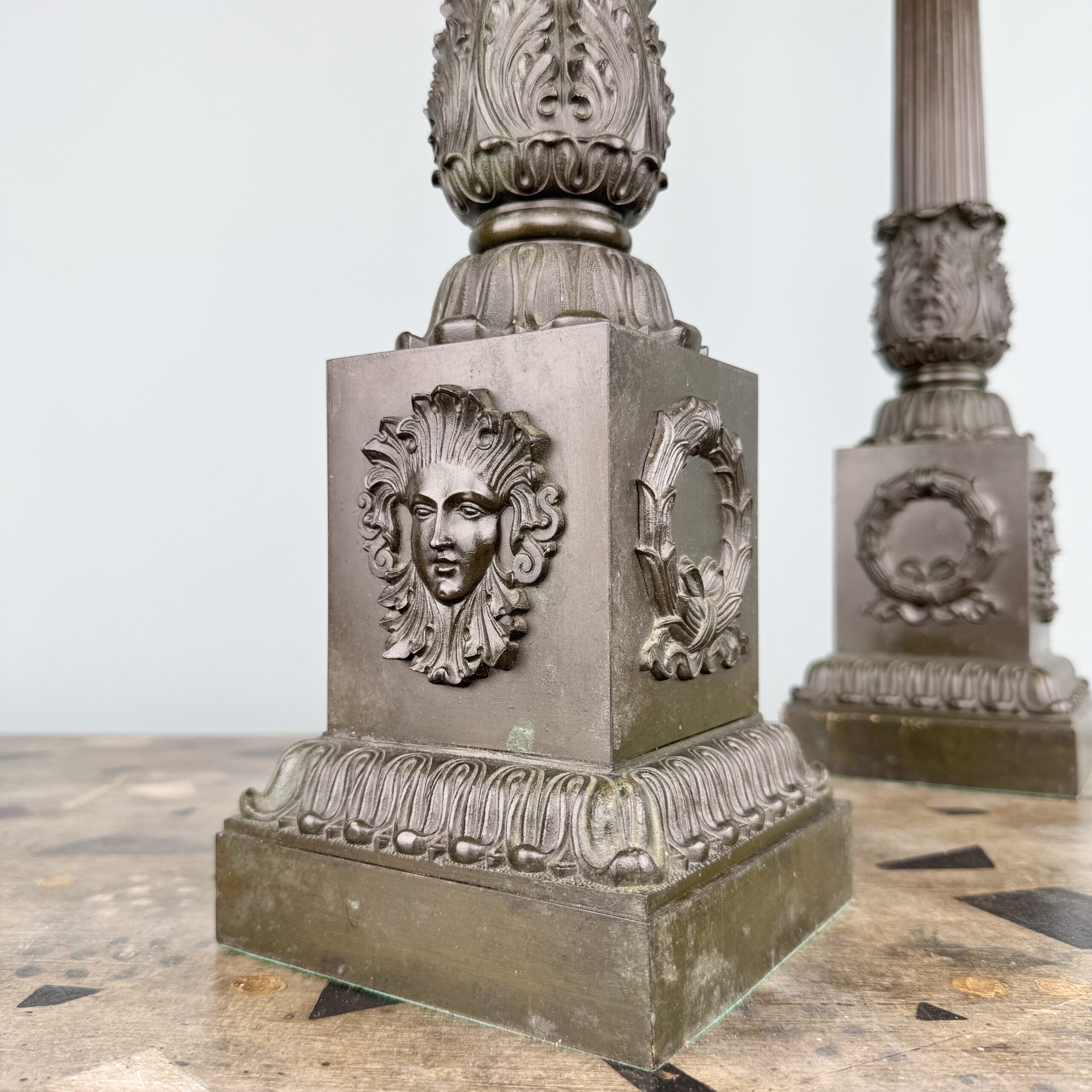 Pair of Large Antique Bronze Column Lamps - Adam Calvert Bentley