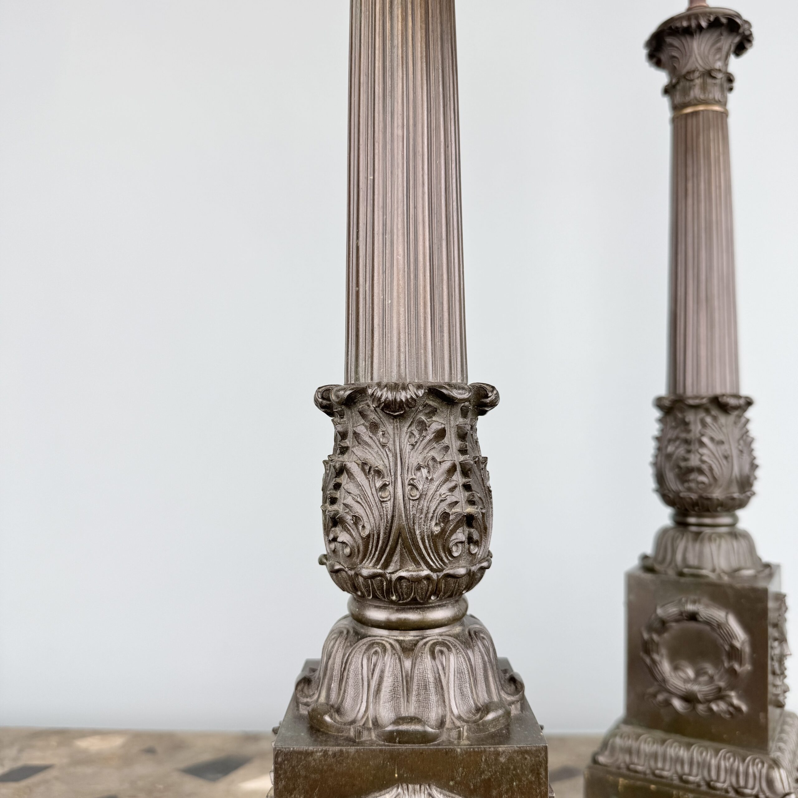 Pair of Large Antique Bronze Column Lamps - Adam Calvert Bentley